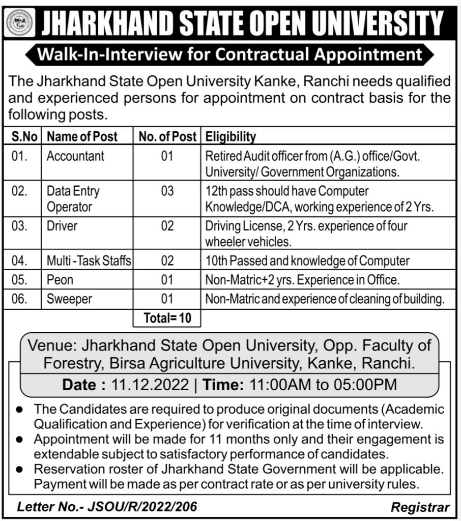 JSOU Staff Recruitment Direct Interview 2022 - JHARKHAND STATE OPEN ...